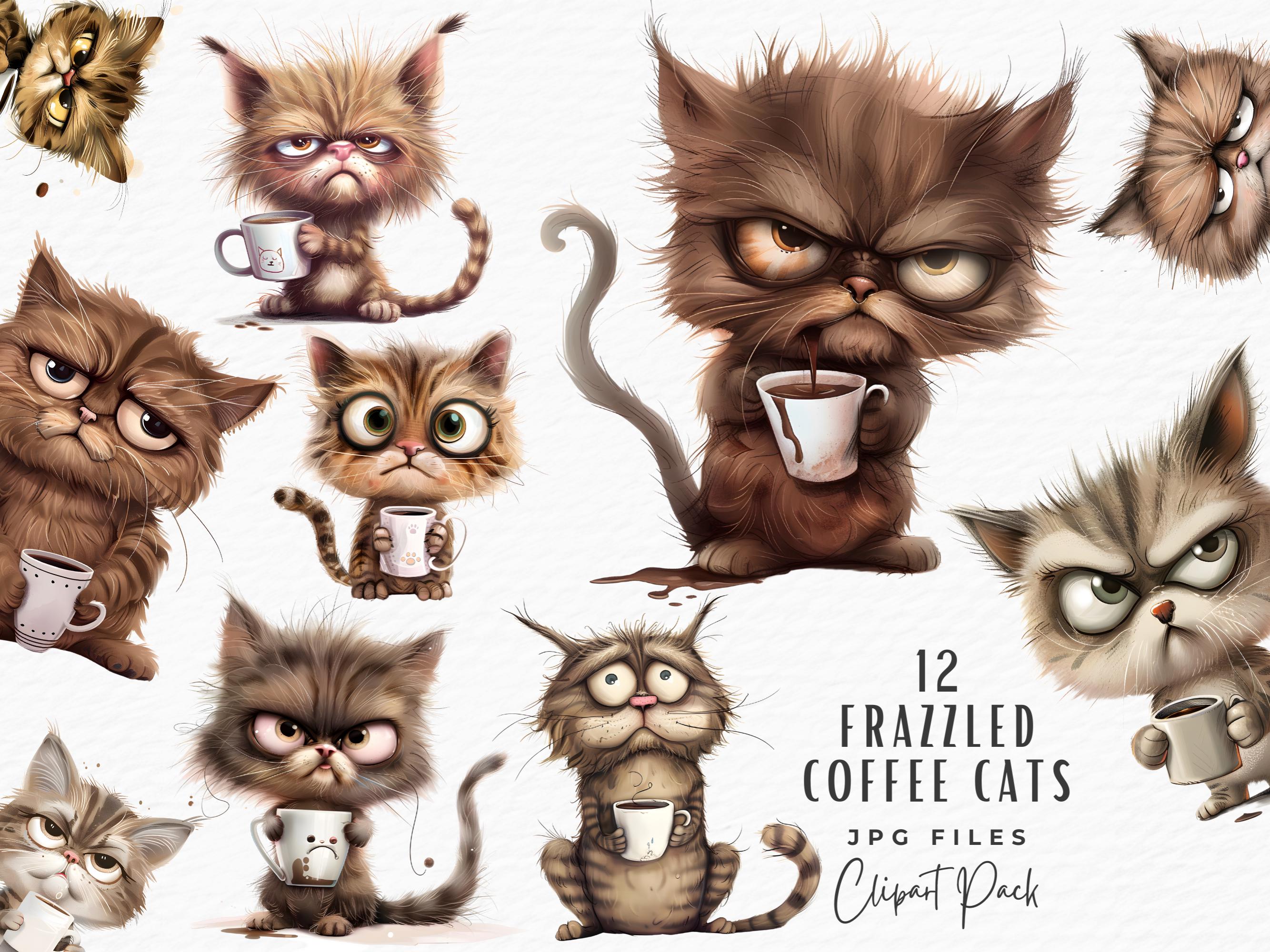 Watercolor Frazzled Coffee Cat Clipart: Funny Cartoon Tabby (digital ...
