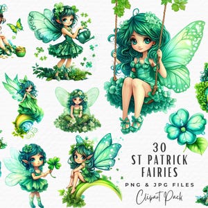 St Patrick Fairy Clipart Bundle, 30 Watercolor St Patricks Day Green ...