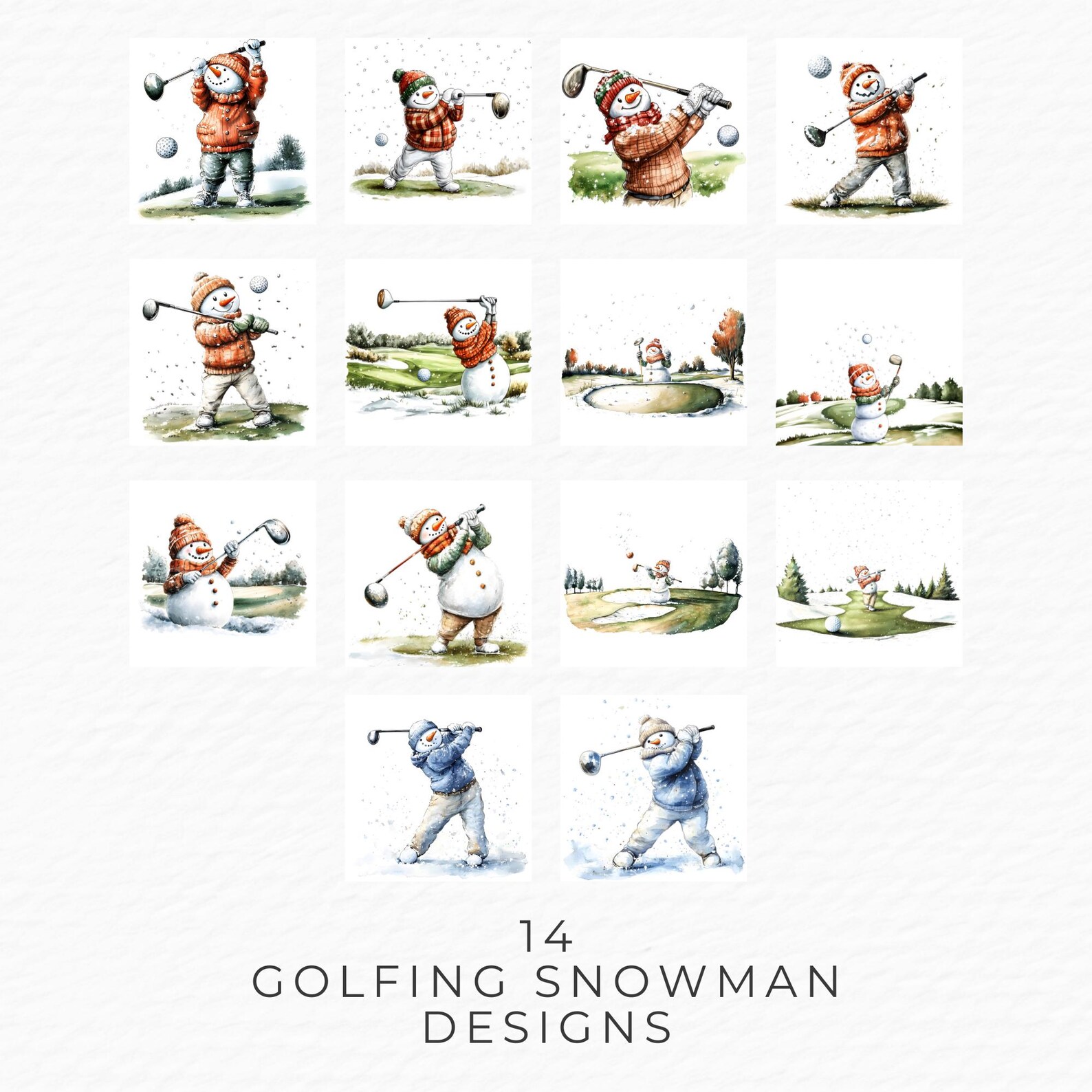 Golf Snowman Clipart Bundle, 14 Watercolor Christmas Winter Holiday ...