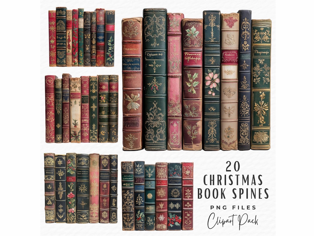 Christmas Book Spine Clipart Bundle, 20 Watercolor Ornate Vintage Gold ...