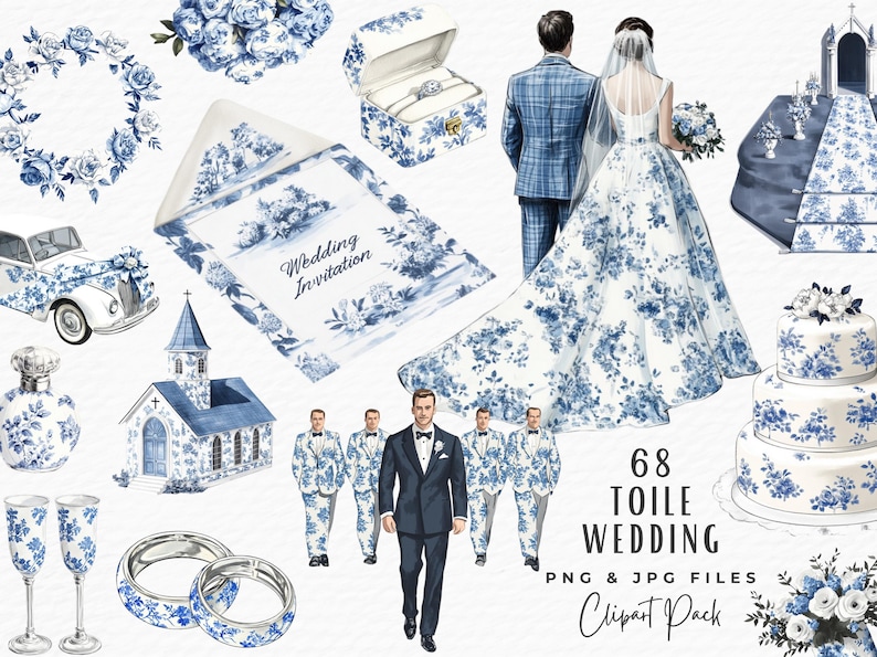 Wedding Toile Clipart Bundle, 68 Watercolor Blue White Chinoiserie ...
