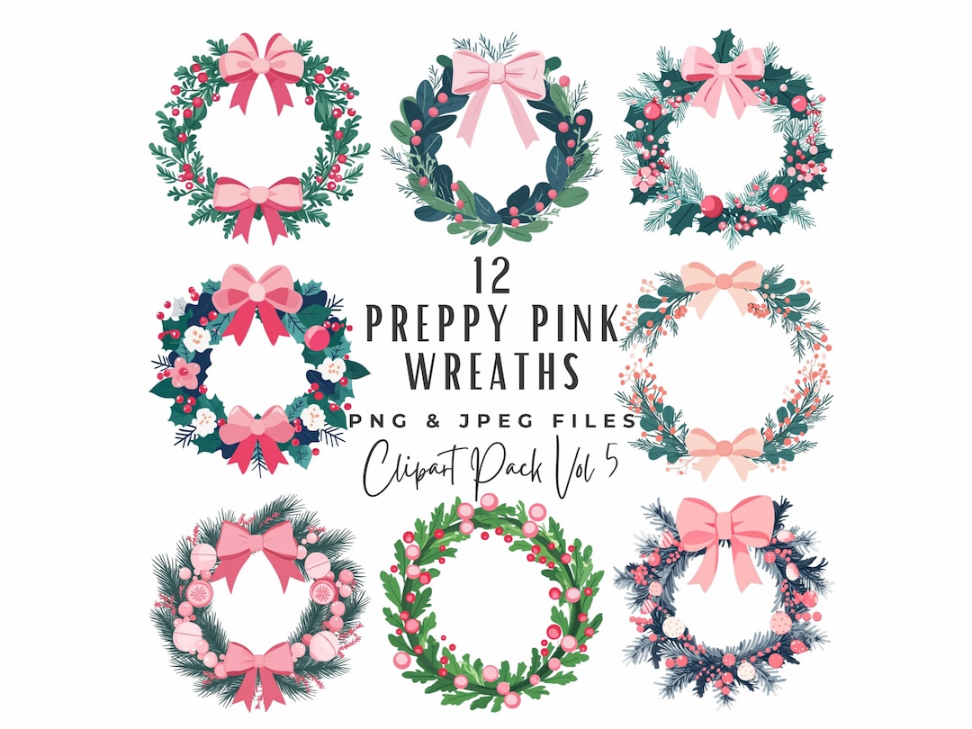 Preppy Pink Christmas Wreath Clipart Bundle, 12 Watercolor Pastel Pink ...