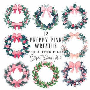 Preppy Pink Christmas Wreath Clipart Bundle, 12 Watercolor Pastel Pink ...