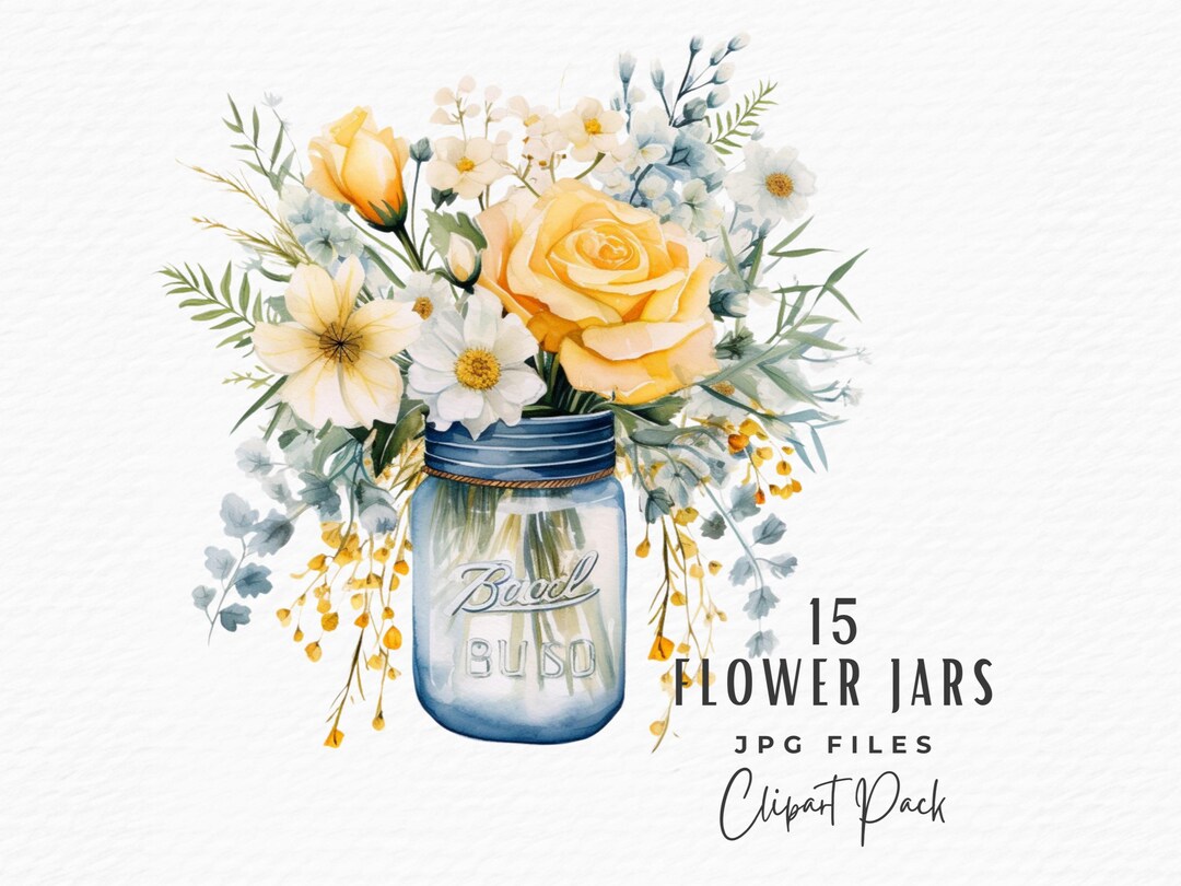 Watercolor Flower Mason Jar Bundle, 15 Yellow Rose Floral Mason Jar ...