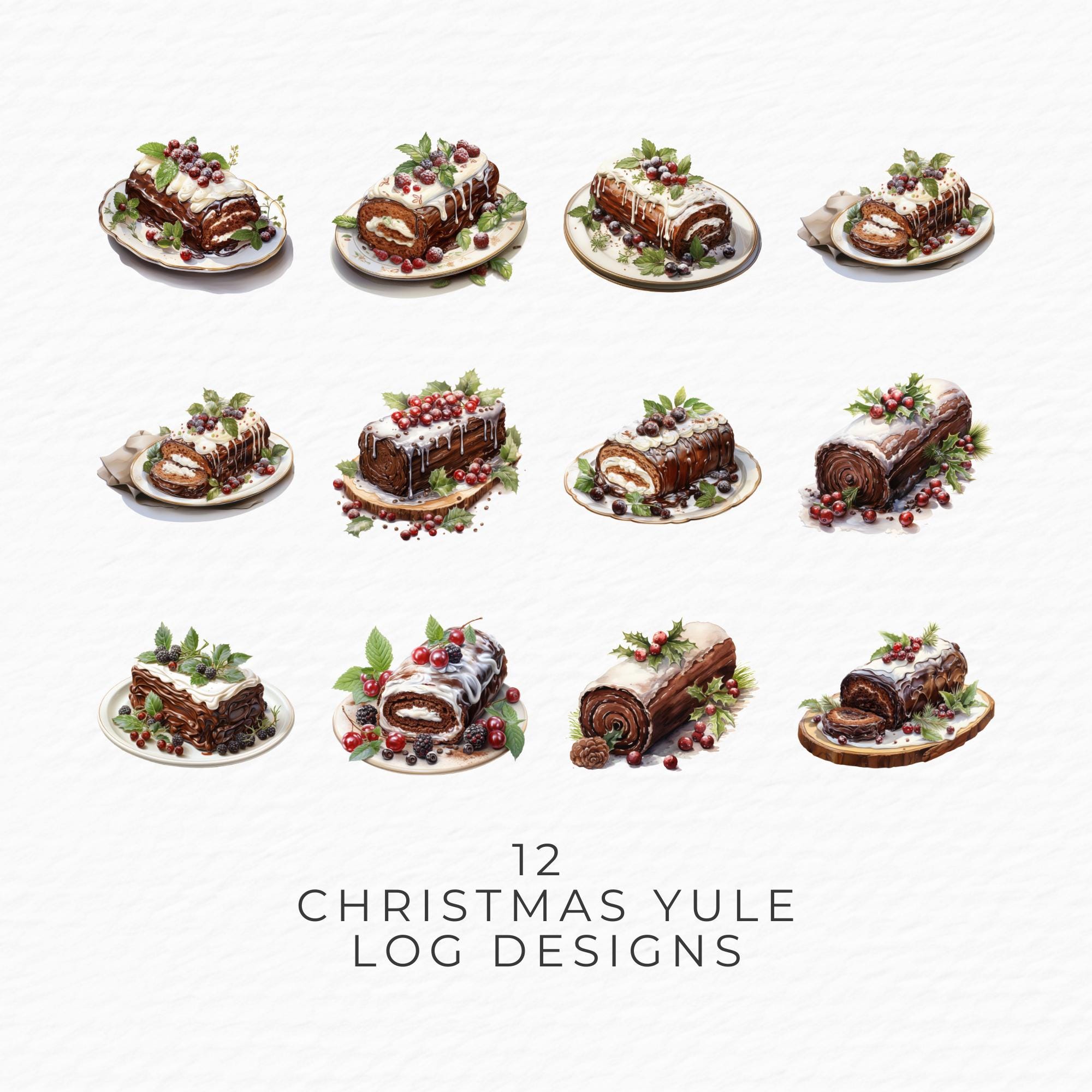 Yule Log Clipart Bundle, Watercolour Winter Holiday Christmas Chocolate ...