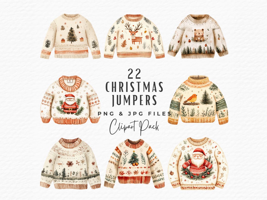 Christmas Jumper Clipart Bundle, 22 Xmas Winter Holiday Ugly Sweater ...