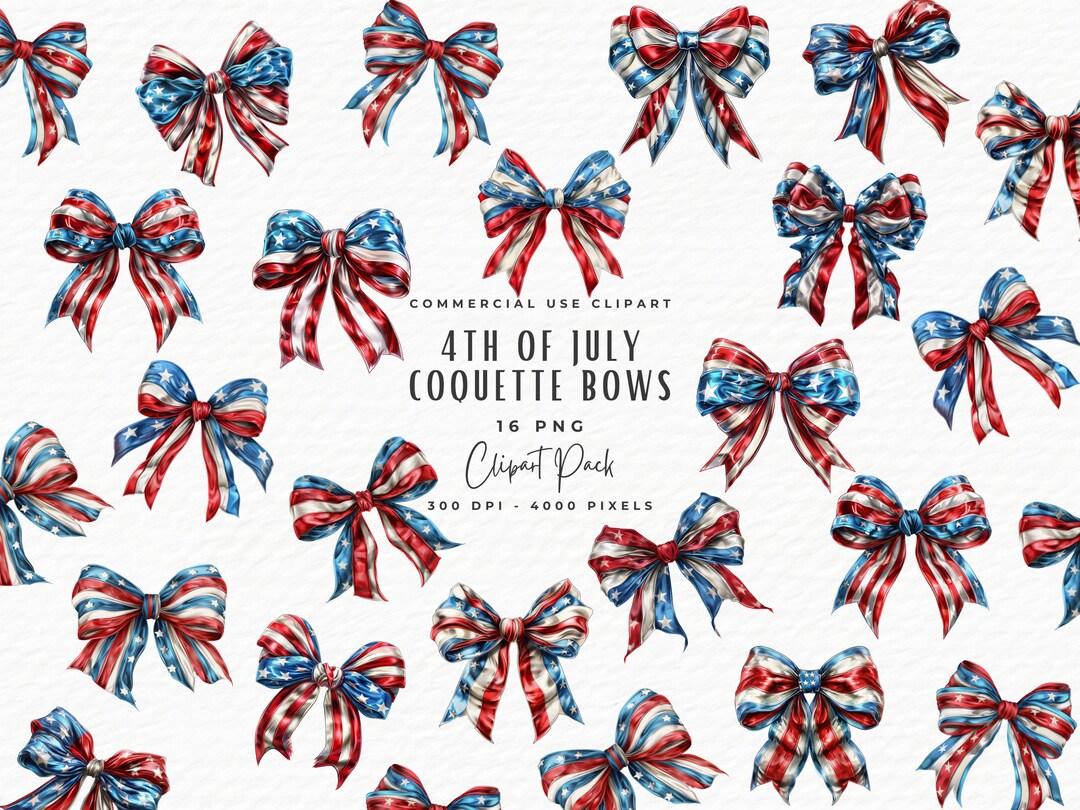 4th of July Coquette Bow Clipart, 16 Independence Day Girly Aesthetic ...