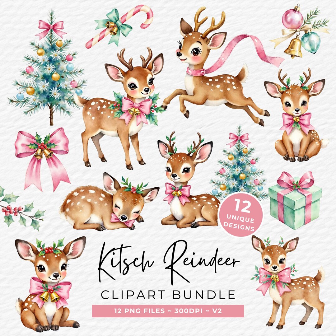 Kitsch Deer Clipart, Retro Christmas PNG, Holiday Art (digital Download ...