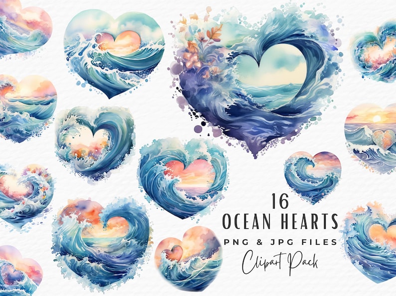 Watercolor Ocean Heart Clipart: Beach Wave Illustrations (digital ...
