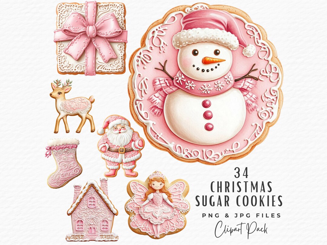Frosted Sugar Cookie Clipart Bundle, 34 Watercolor Pink Christmas Santa ...