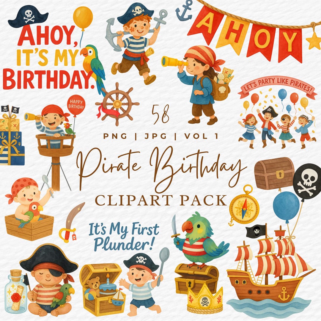Pirate Birthday Clipart, 58 Watercolor Seamless Pattern Kids Pirate Boy ...