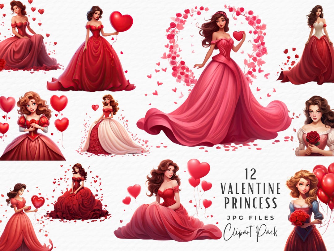 Valentine Princess Clipart, Digital Download, Watercolor Red Valentine ...