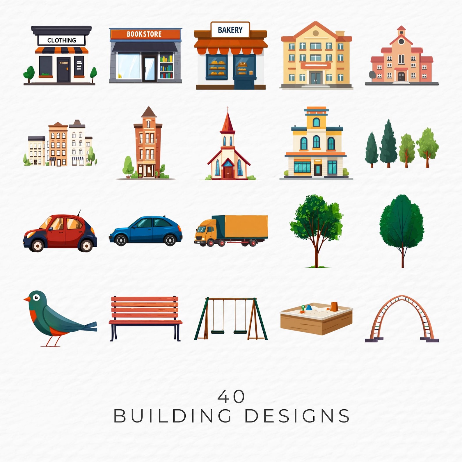 Community Buildings Clipart Set, School, Hospital, Store (digital ...