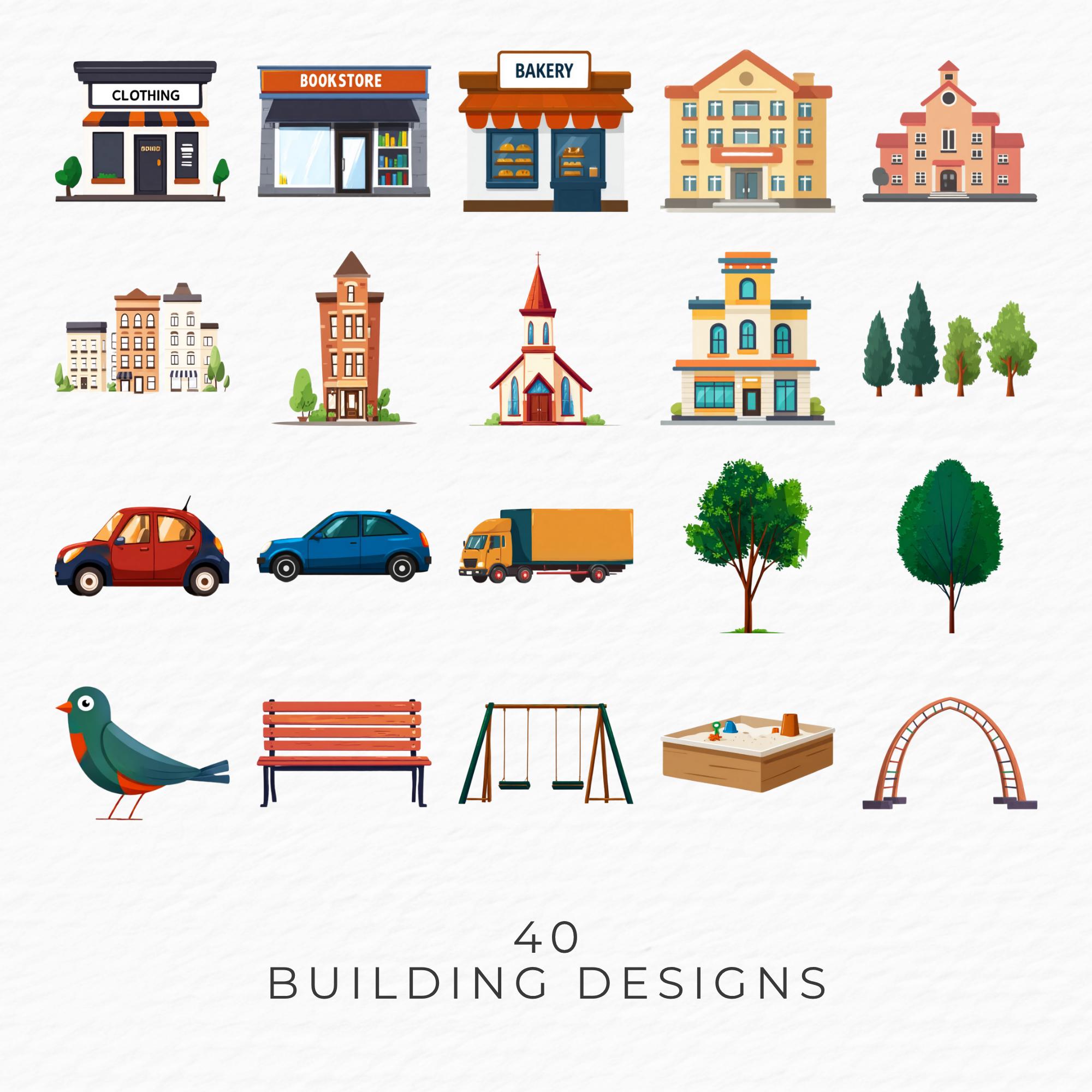 Community Buildings Clipart Set, School, Hospital, Store (digital ...