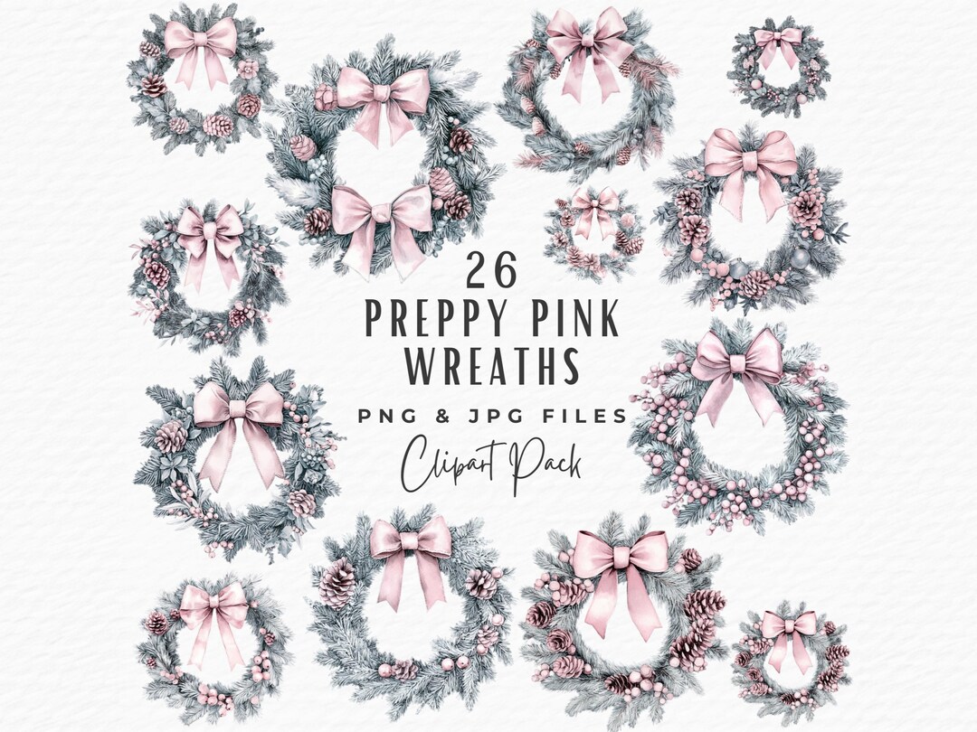 Watercolor Pink Christmas Wreath Clipart, Grandmillennial Style ...