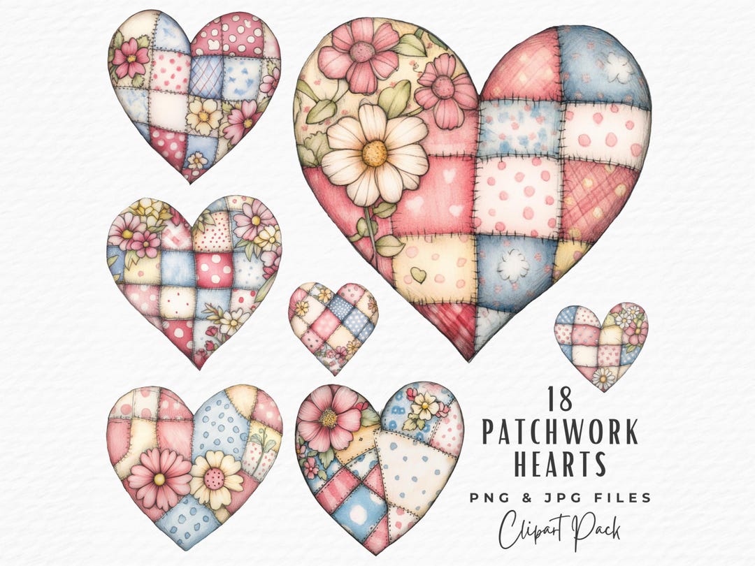 Patchwork Heart Clipart Bundle, 18 Watercolor Valentines Day Quilt Love ...