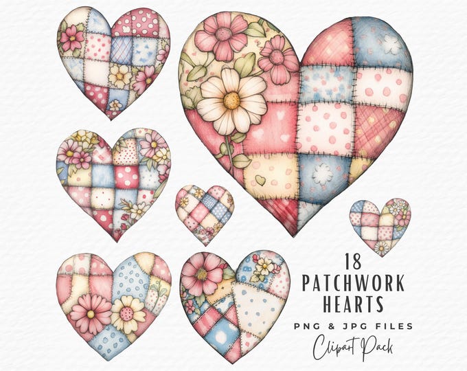10 Hearts Clipart Bundle, PNG & JPG, Printable Patchwork Heart ...