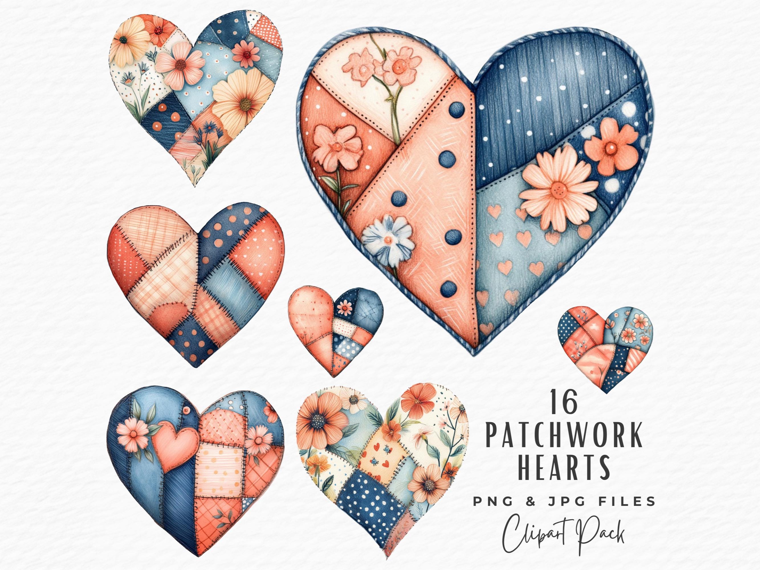 Patchwork Heart Clipart Bundle, 16 Watercolor Valentines Day Quilt Love ...