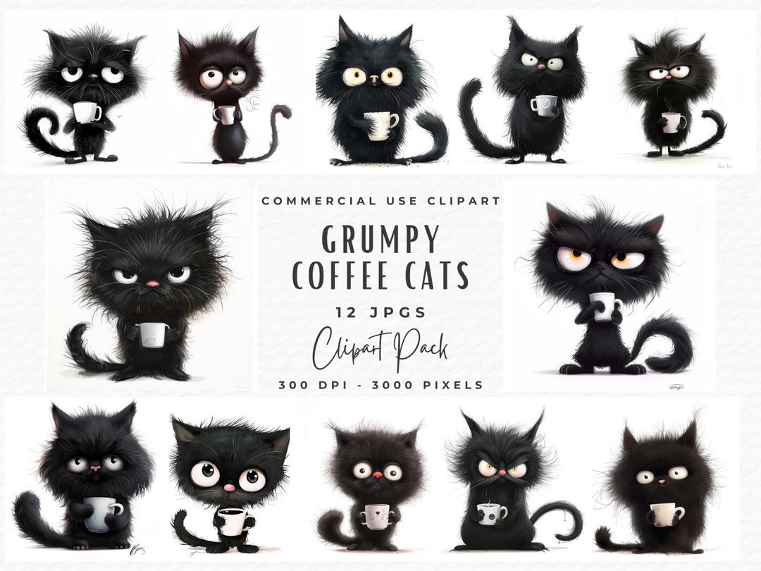 Grumpy Coffee Cat Clipart Bundle, Quirky Funny Grumpy Morning Black Cat ...