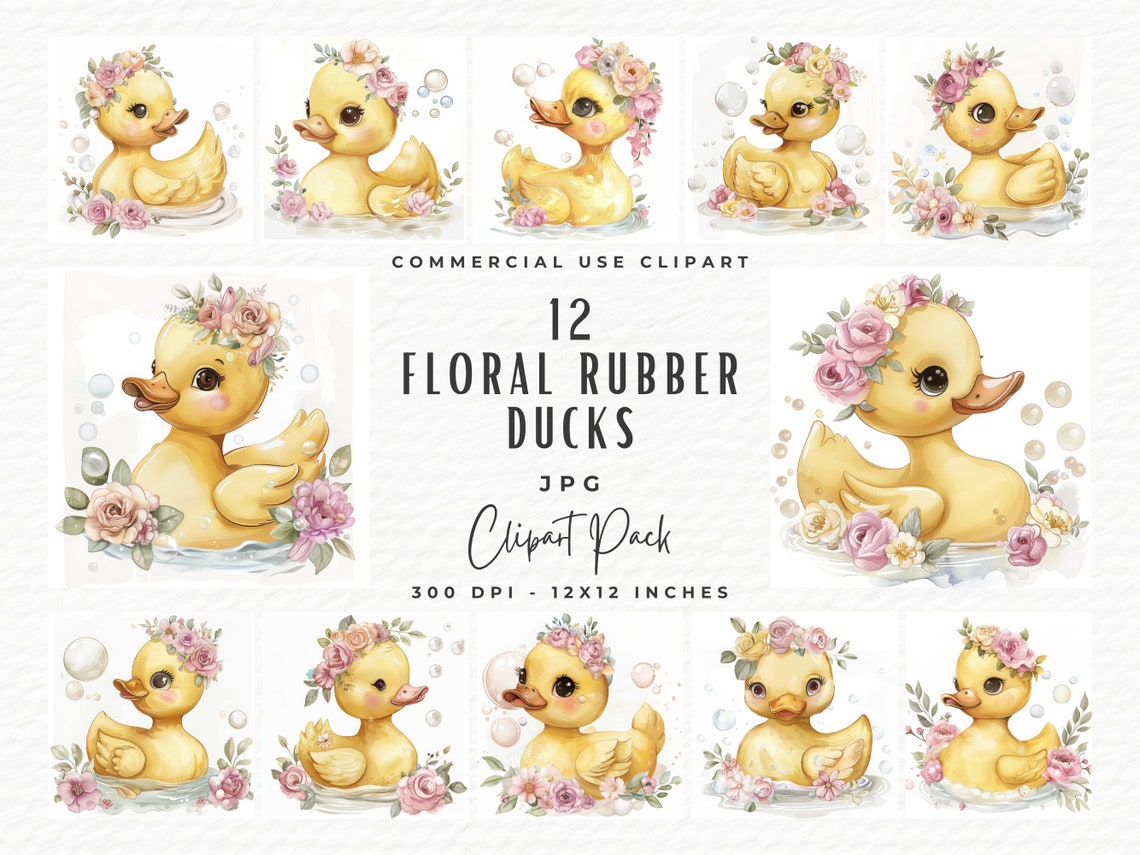 Rubber Duck Bubble Bath Clipart Bundle Watercolor Pink Floral Duck ...