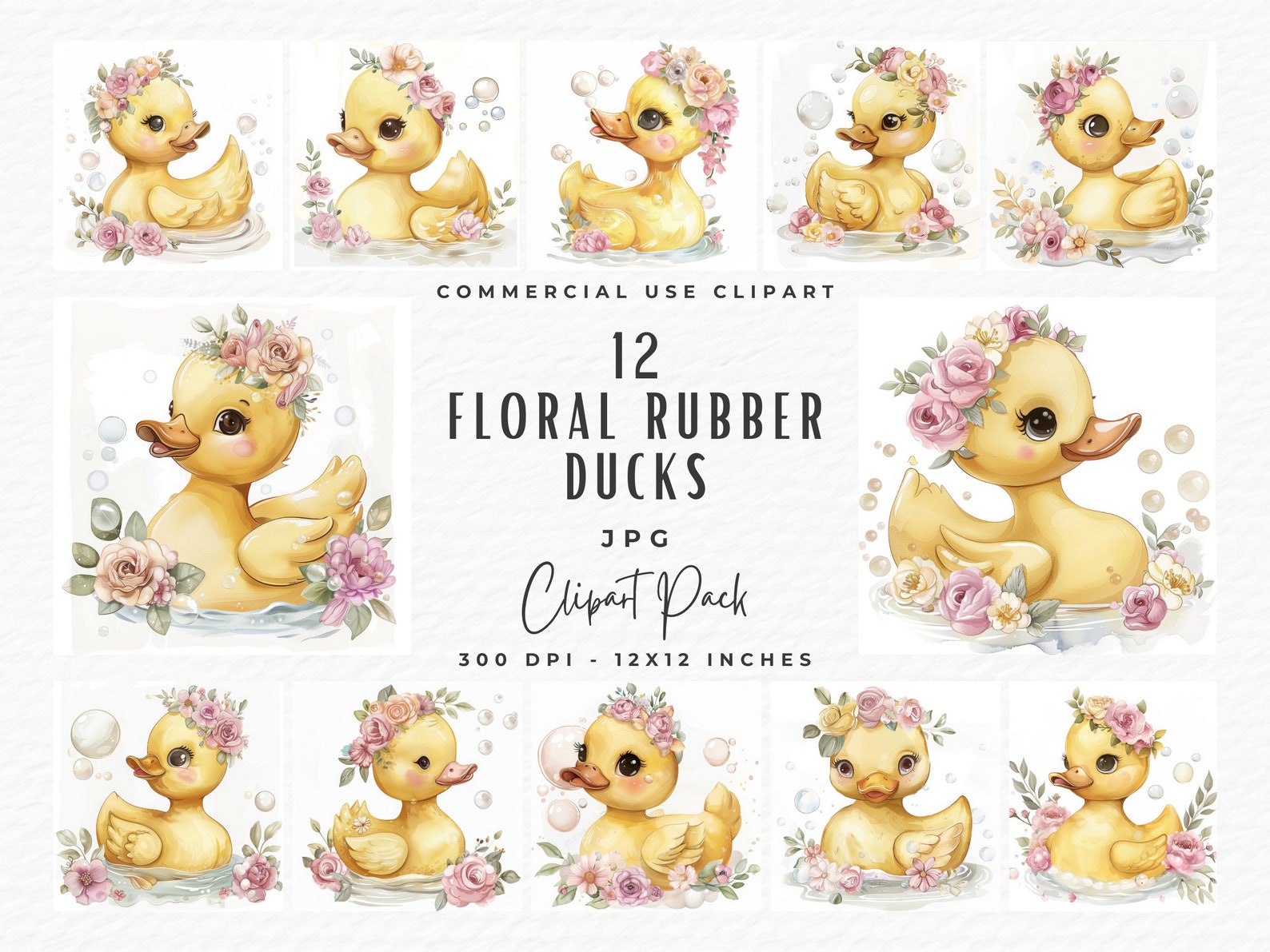 Rubber Duck Bubble Bath Clipart Bundle | Watercolor Pink Floral Duck ...