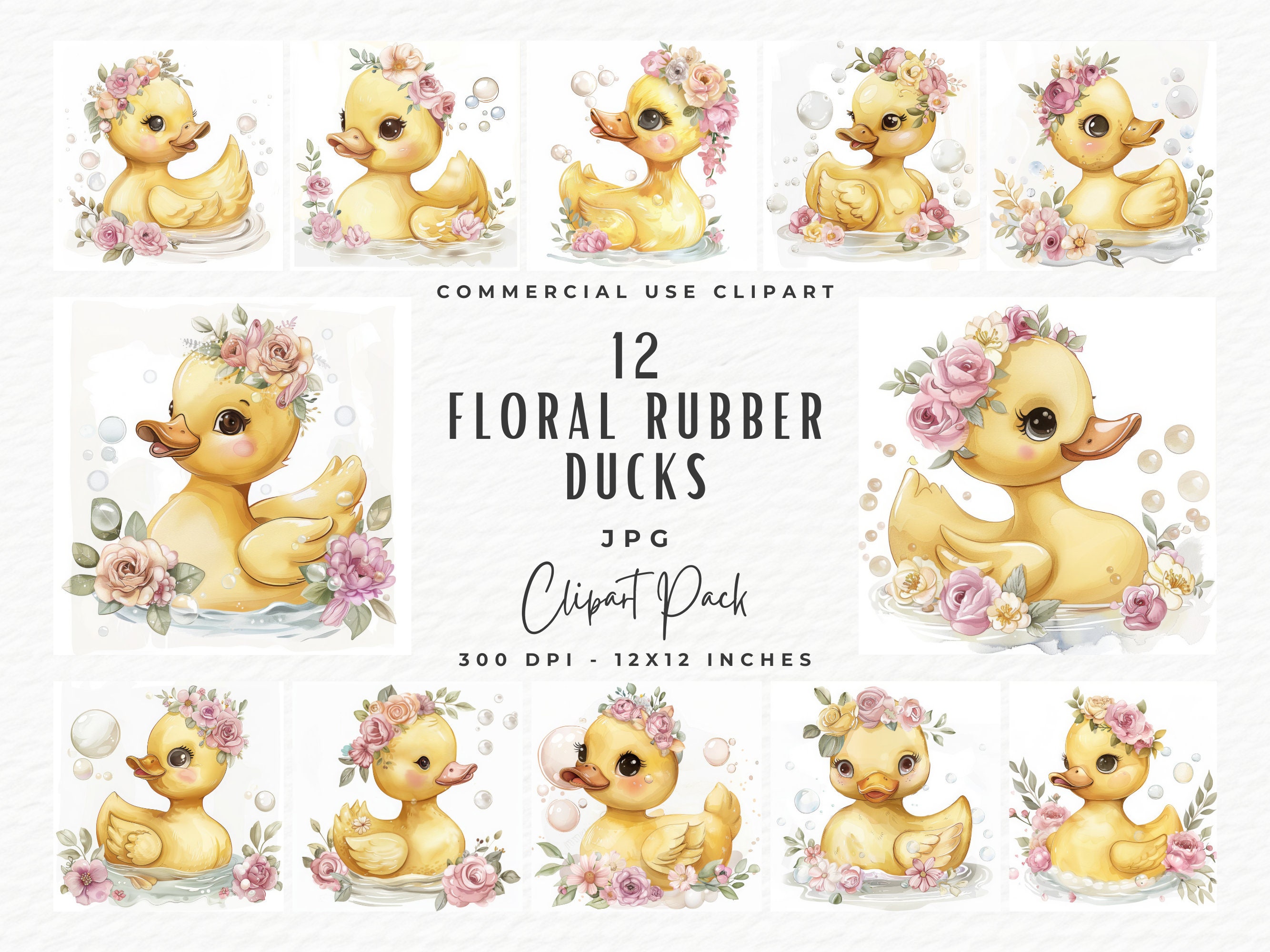 Rubber Duck Bubble Bath Clipart Bundle | Watercolor Pink Floral Duck ...