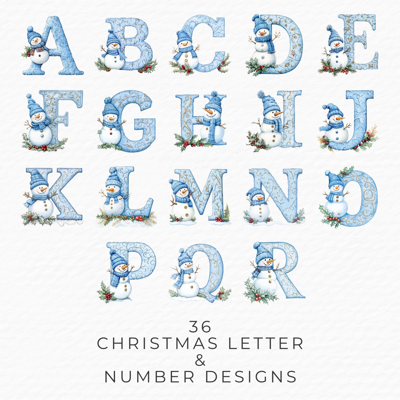 Christmas Alphabet and Numbers Clipart, Blue Gold Christmas Snowman ...