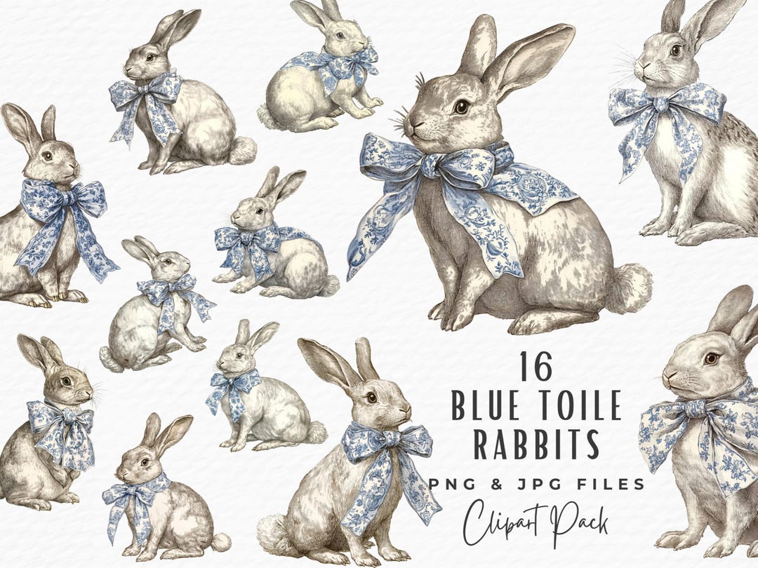 Toile Rabbit Clipart Bundle, 16 Watercolor Coquette Chinoiserie Easter ...