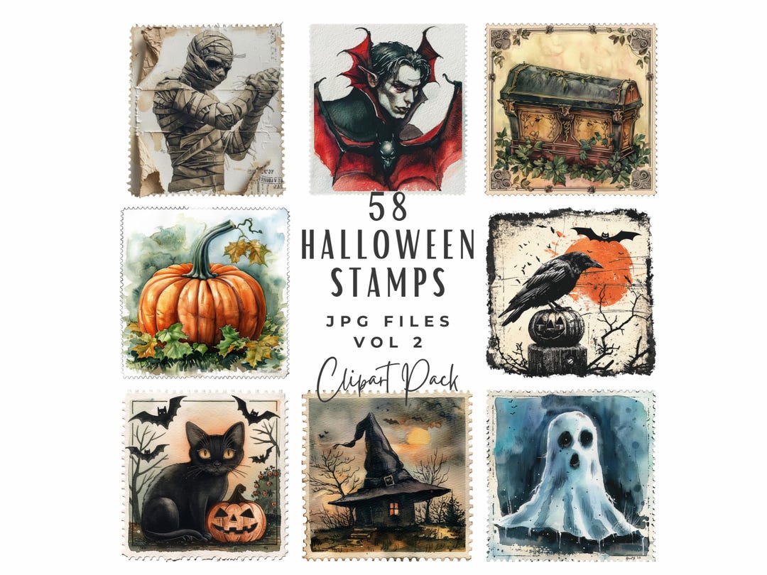 Halloween Postage Stamp Clipart Bundle, 58 Vintage Spooky Faux Postage ...