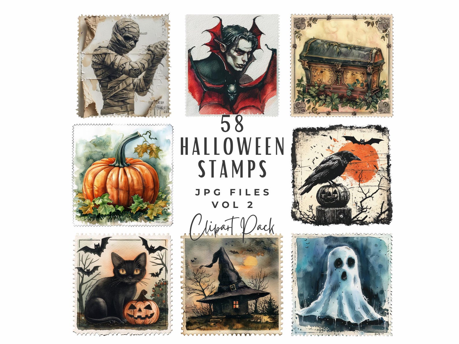 Halloween Postage Stamp Clipart Bundle, 58 Vintage Spooky Faux Postage ...