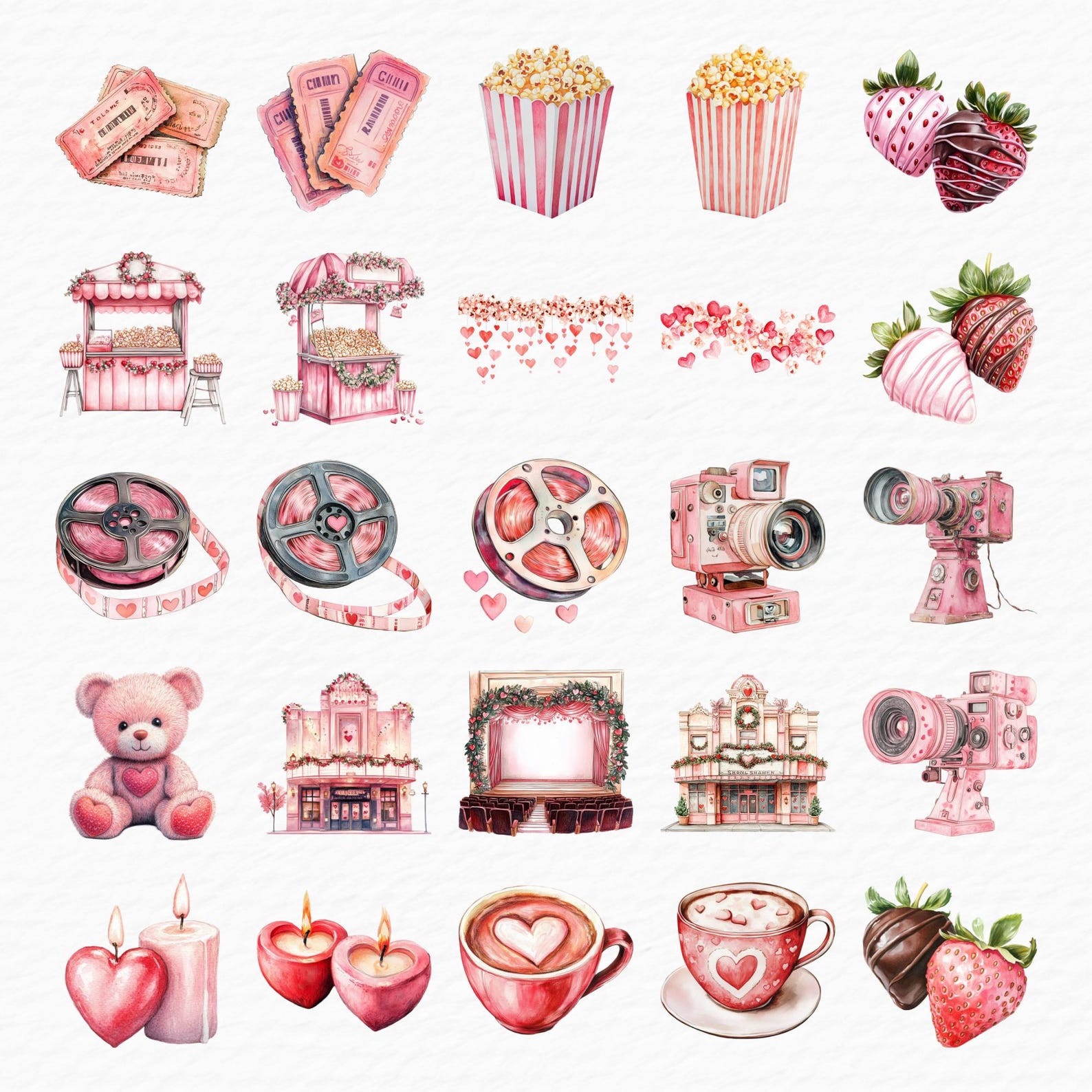 Watercolor Valentine Movie Night Clipart: 50 PNG JPG Cinema Graphics ...