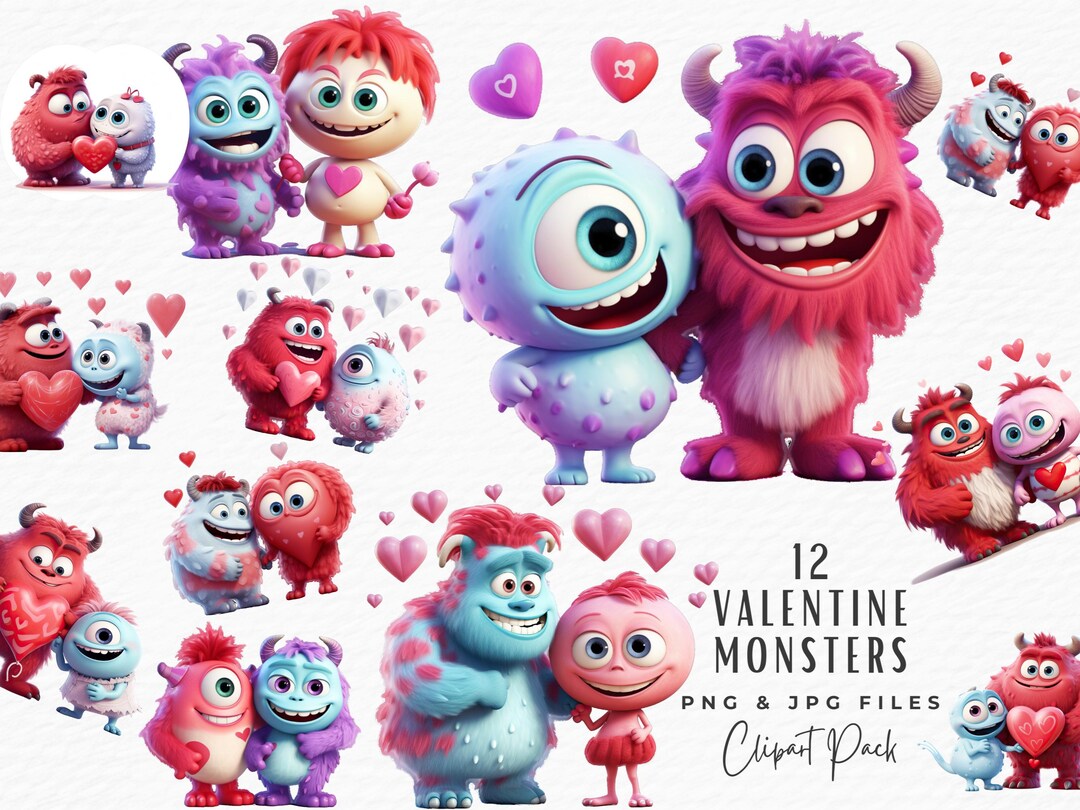 Valentine Monster Clipart Bundle, 12 Watercolor Cute Kawaii Love ...
