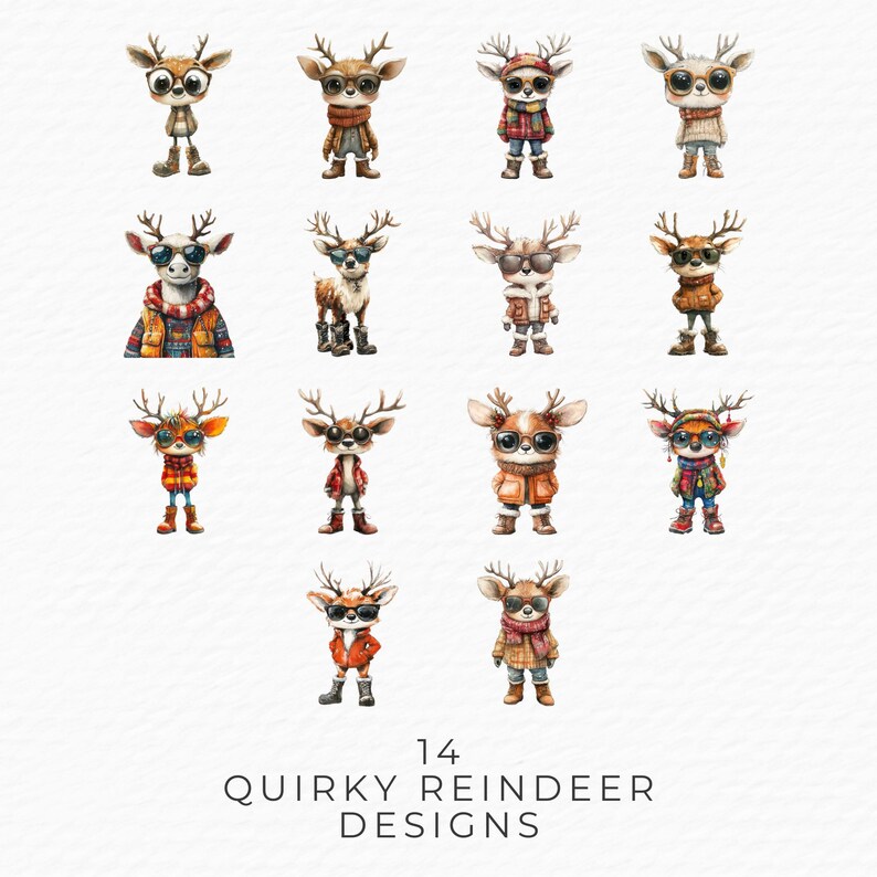 Watercolor Reindeer Clipart Bundle, Funny Christmas PNG JPG (digital ...