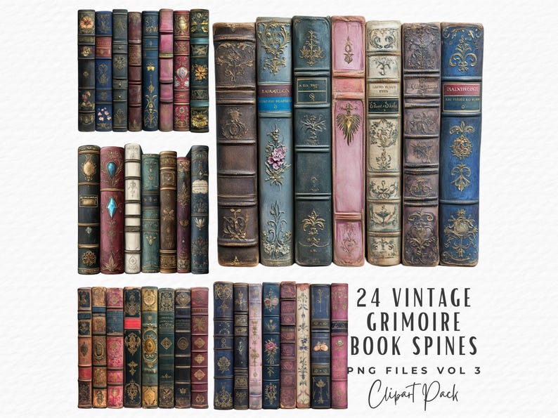 Book Spine Clipart, 24 Watercolour Vintage Ornate Fantasy Grimoire Book ...