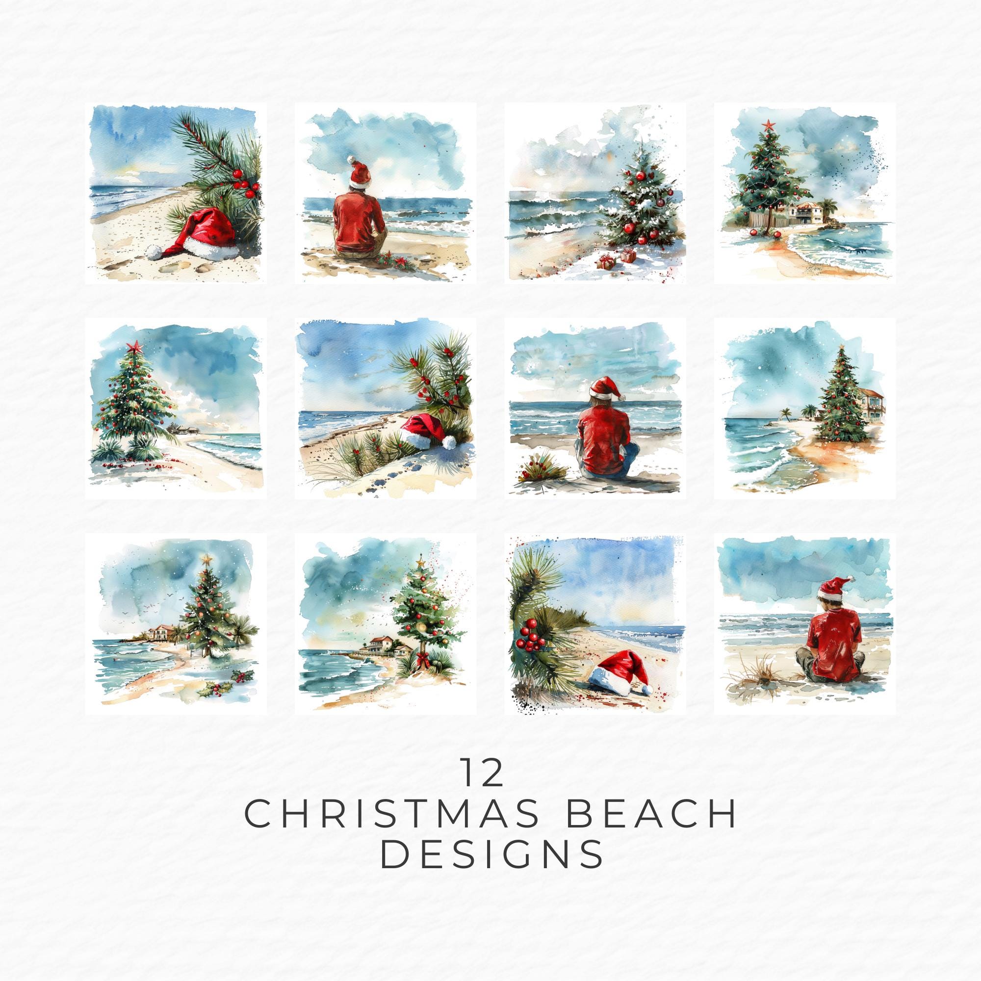 Watercolor Christmas Beach Clipart Bundle, Tropical Coastal Christmas ...