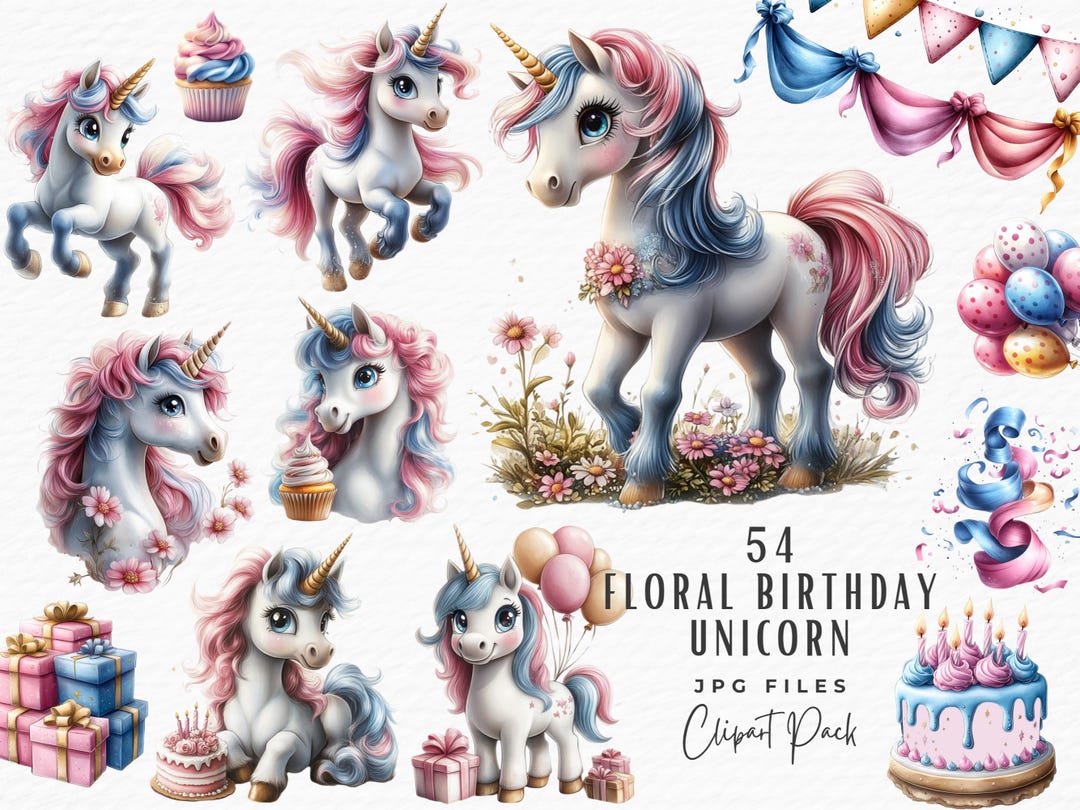 Cute Unicorn Flower Clipart Bundle, 54 Watercolor Birthday Baby Unicorn ...