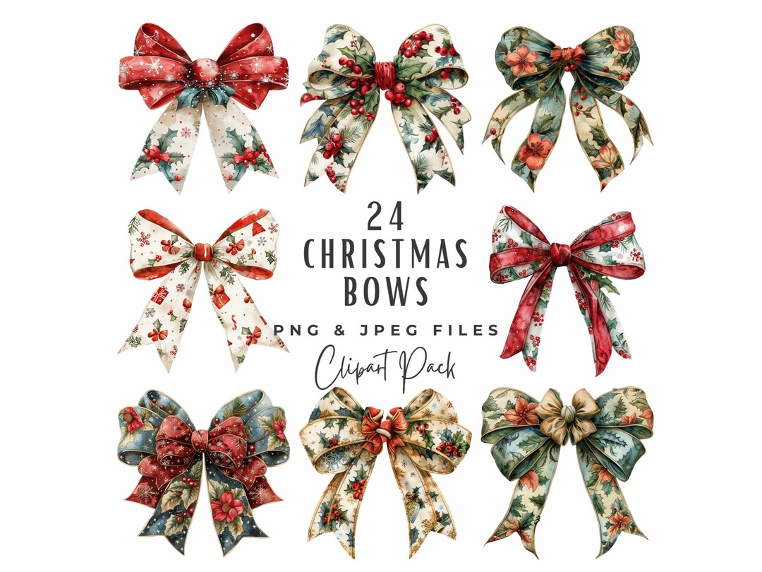 Whimsical Christmas Bows Clipart, 24 Watercolor Coquette Christmas ...