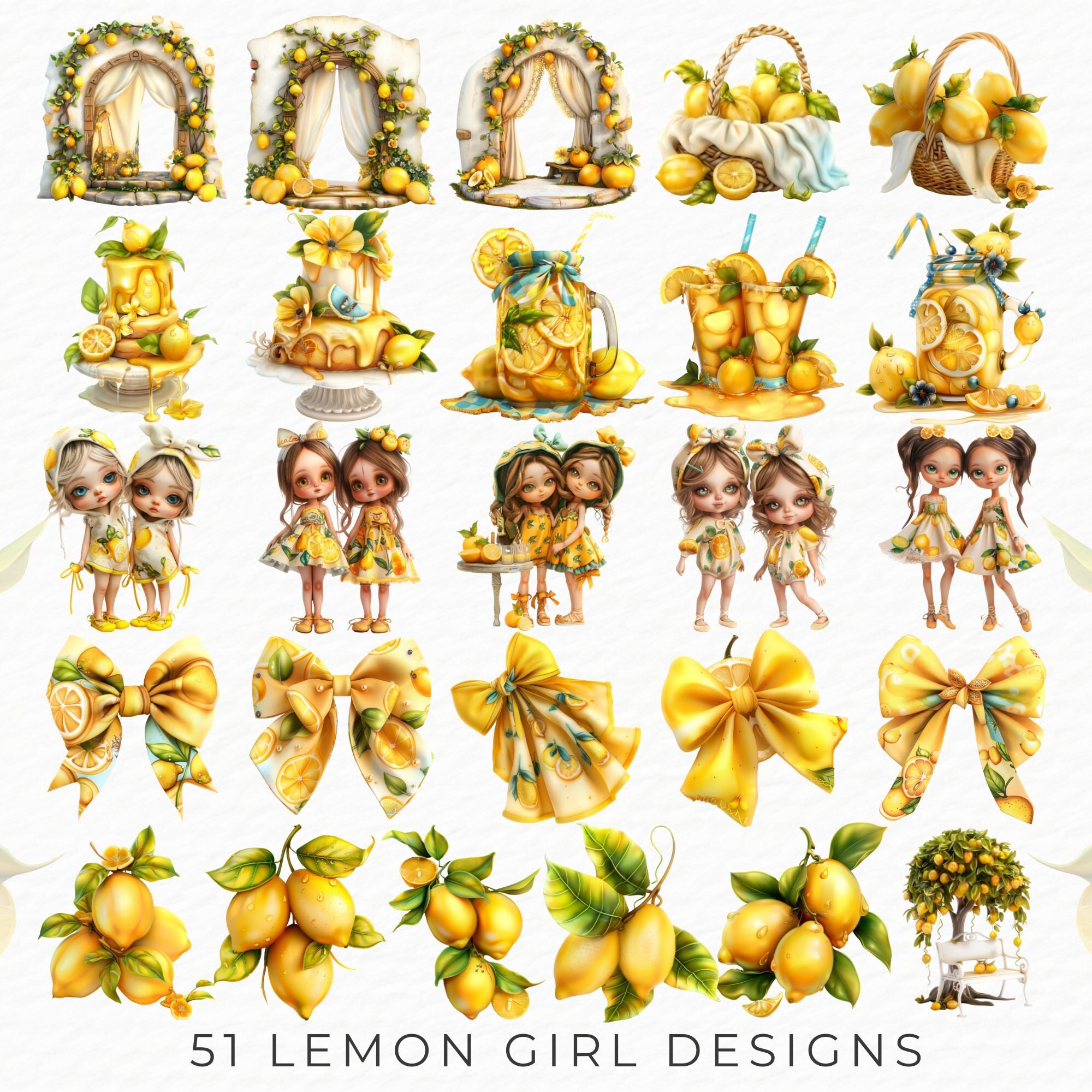 51 Watercolor Lemon Girls Clipart Bundle Citrus Lemonade Digital ...