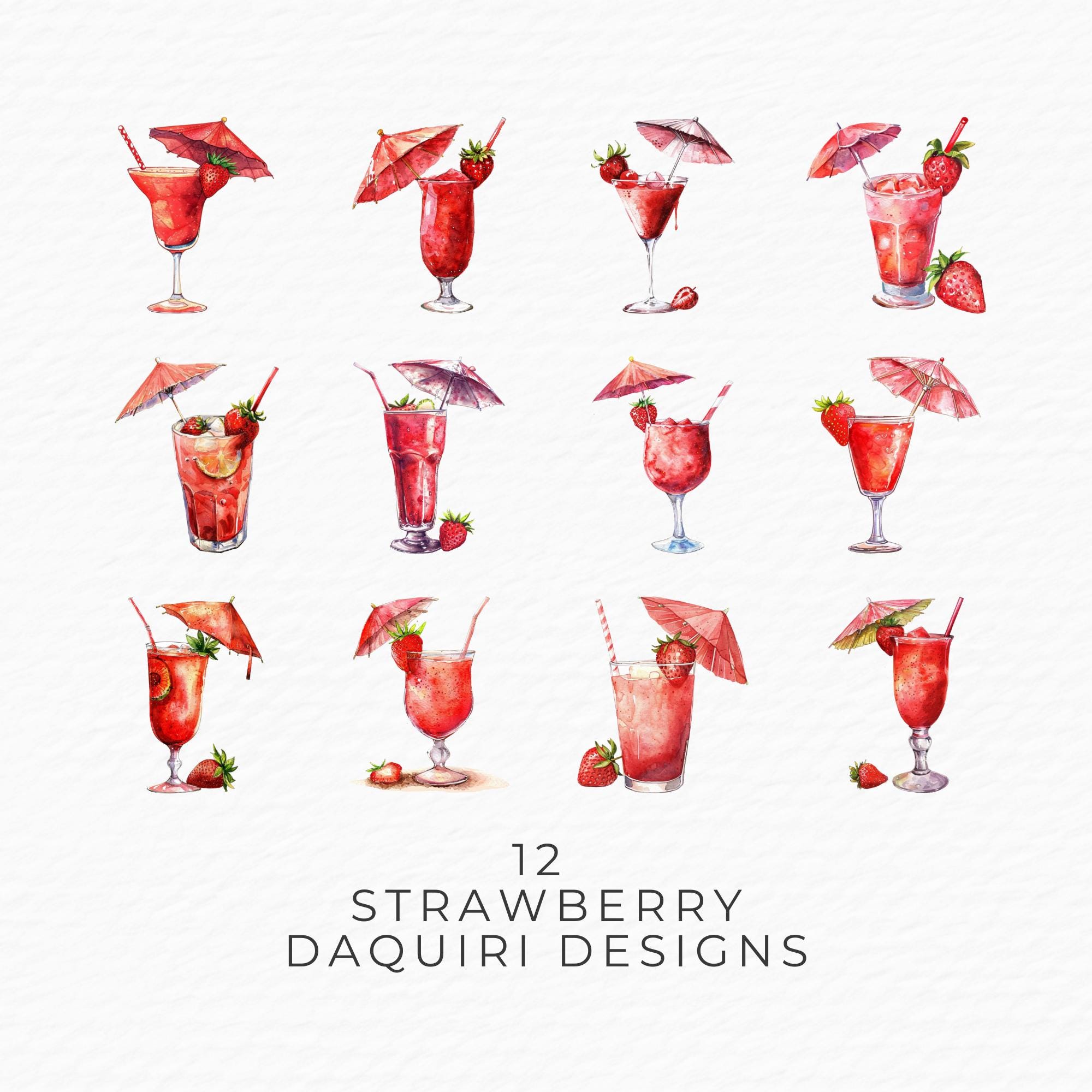 Strawberry Daquiri Clipart, Watercolor Strawberry Daquiris Summer ...