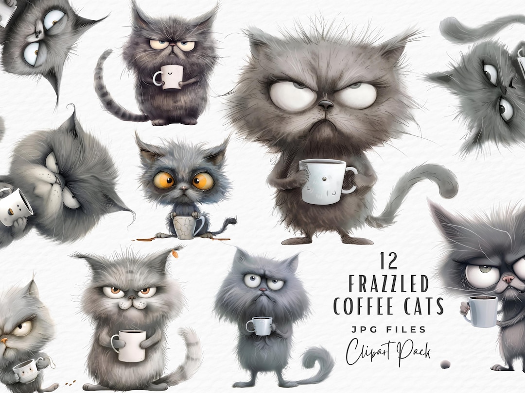Frazzled Cat Clipart Bundle | Watercolor Quirky Funny Cartoon Grey ...