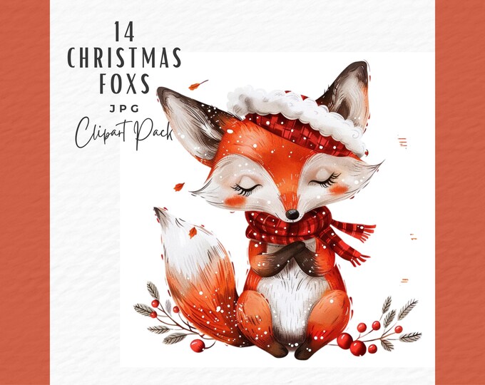 Watercolor Christmas Fox Clipart Bundle, 14 JPEG Winter Fox and Snow ...