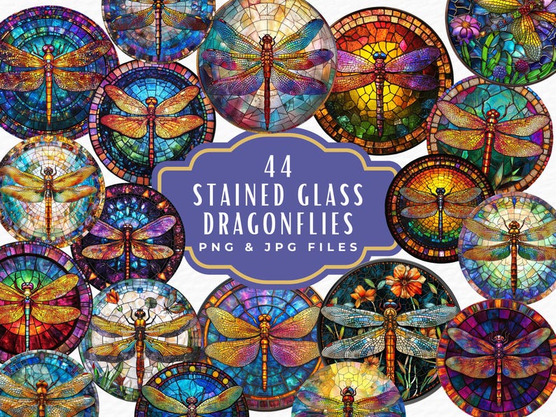 Dragonfly Stained Glass Clipart: Watercolor Sun Catcher Images (digital ...