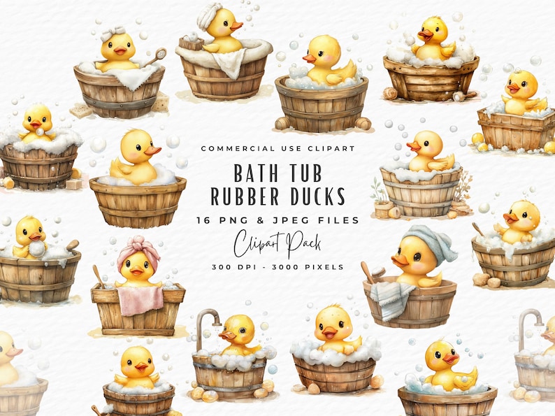 Rubber Duck in Tub Clipart Bundle | Watercolor Baby Rubber Duck Bubble ...