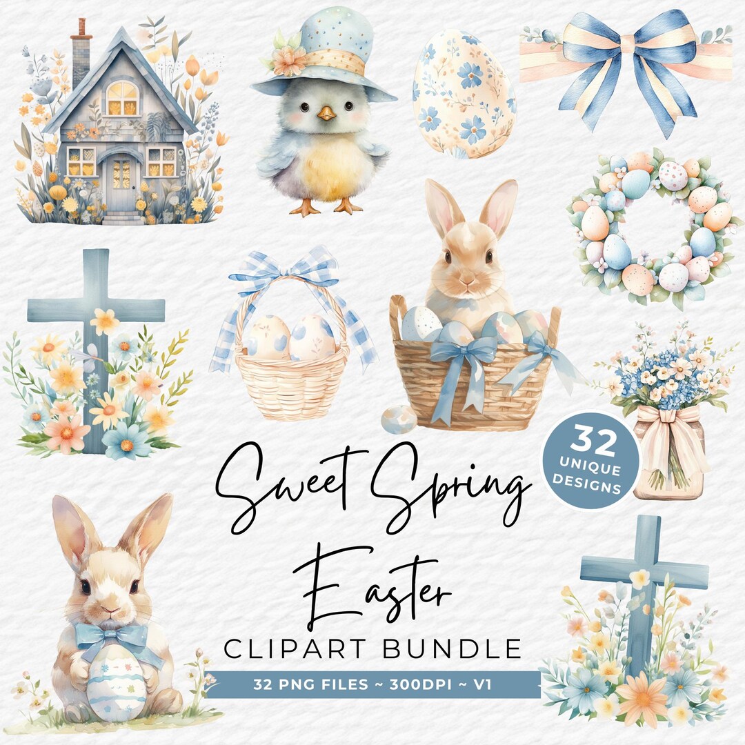 Sweet Spring Easter Clipart PNG Bundle With Bunny Egg Basket Cross ...
