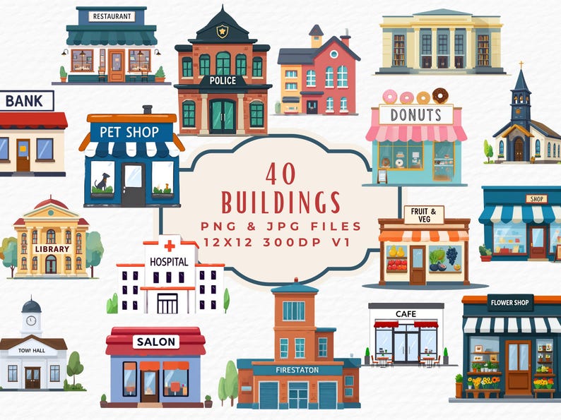 Community Buildings Clipart Set, School, Hospital, Police (digital ...