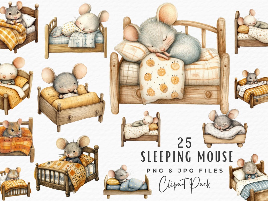 Sleeping Mouse Clipart, 25 Watercolor Cute Baby Mouse Sleeping in a Bed ...