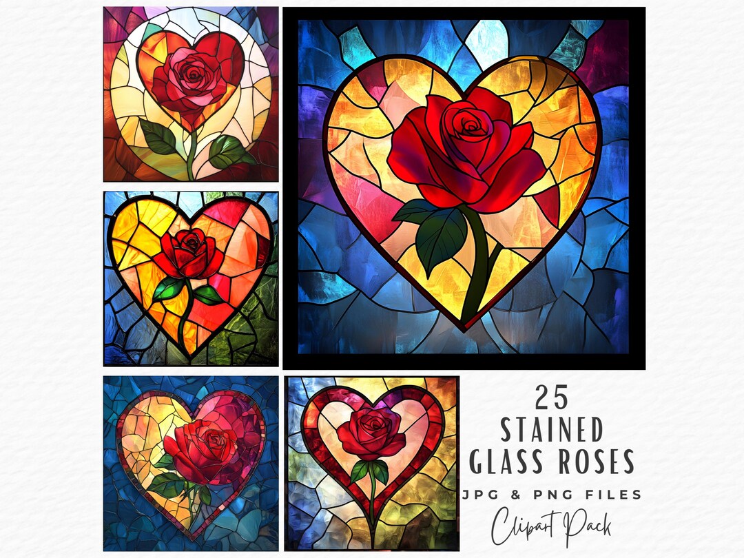 Stain Glass Heart Clipart Bundle, 25 Valentines Day Love Heart & Rose ...