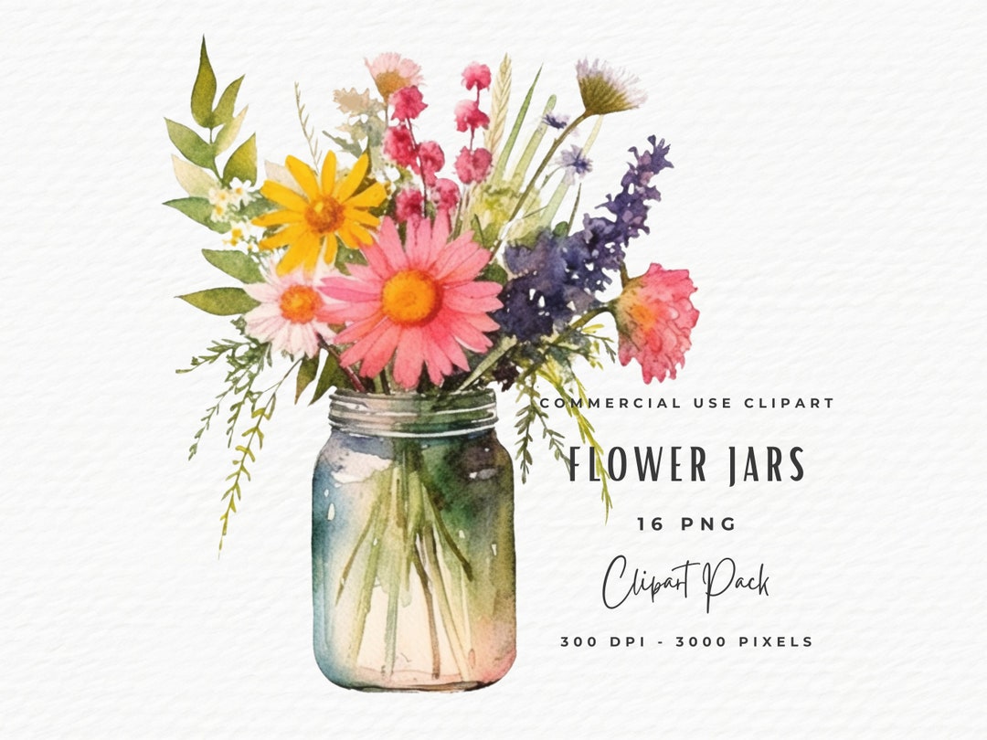 Watercolor Flower Mason Jar Clipart: Floral PNG JPEG Bundle (digital ...