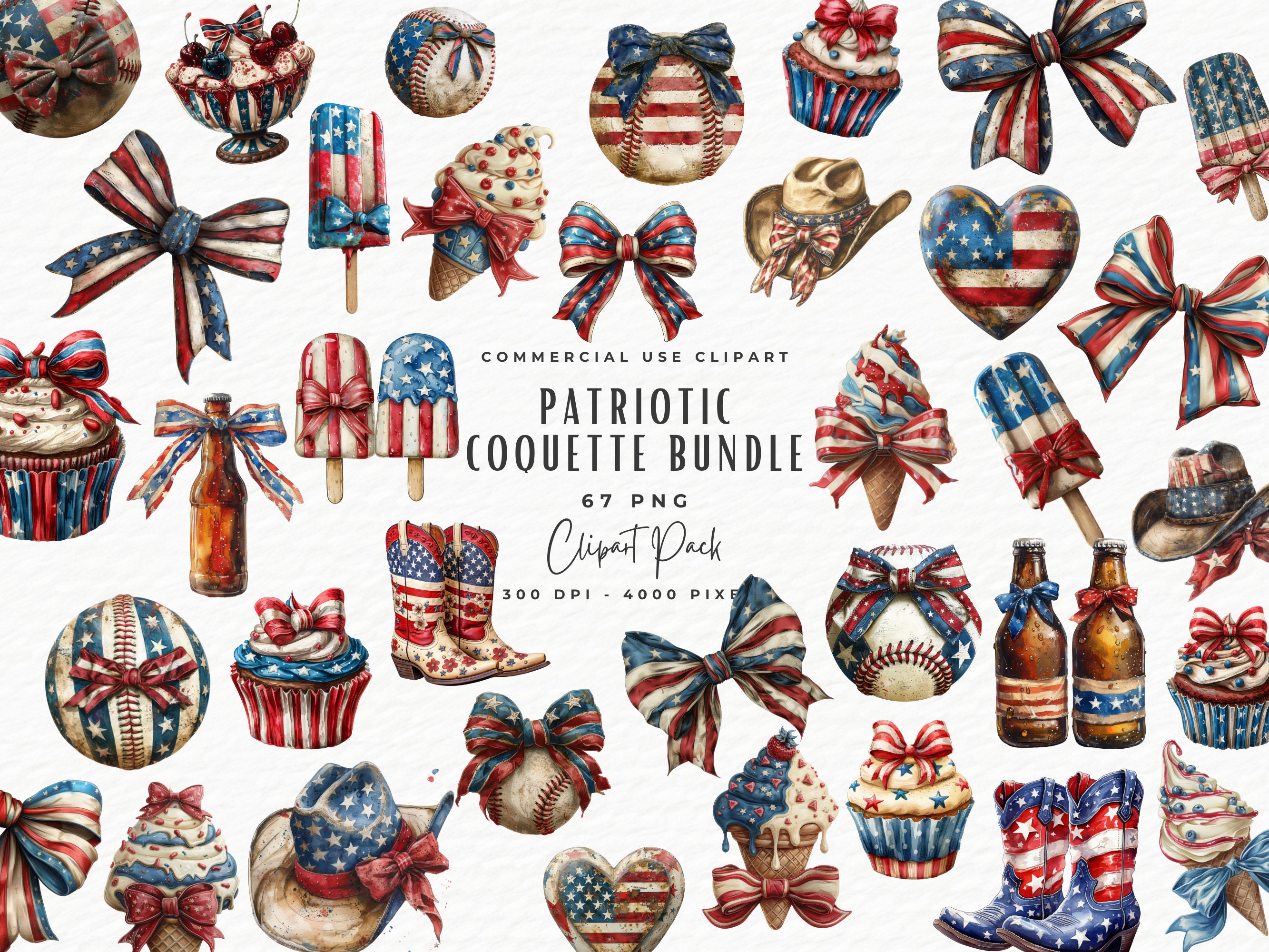 67 X 4th of July Clipart Bundle PNG JPG, Vintage Independence Day Girly ...