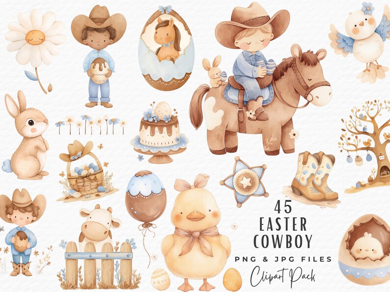 Easter Baby Boy Cowboy Clipart Bundle, 45 Watercolor Easter Egg Cowboy ...